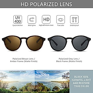 SUNGAIT Classic Vintage Round Polarized Sunglasses for Women Men Retro Style UV400 (Amber Frame Brown Lens+Black Frame Grey Lens) SGT166HPC-SHH