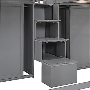 BOVZA Double Twin Size Loft Bed with Storage Stairs and 2 Wardrobes, Wood Loft Bed Frame with Staircase for 2 Kids Girls Boys Teens, Gray