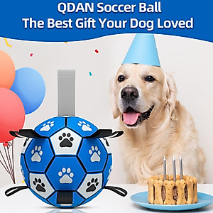 QDAN Dog Ropes Toys Soccer Ball with Straps, Interactive Dog Toys for Tug of War, Puppy Birthday Gifts, Dog Tug Toy, Dog Water Toy, Durable Dog Balls for Medium & Large Dogs-Blue&Grey（8 Inch）