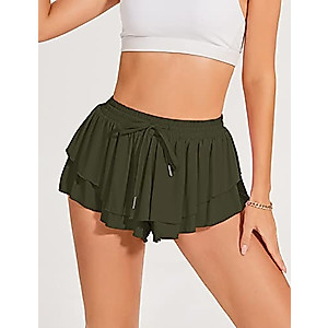 Loovoo Summer Flowy Athletic Shorts Women High Waisted Ruffle Layered Running Shorts Sporty Active Gym Shorts Army Green,M
