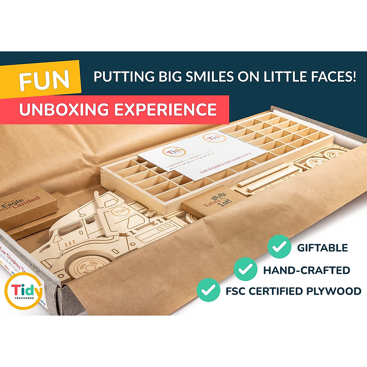 Wood Toy Car Storage Organizer Truck – Holds 48 Diecast Cars - Freestanding or Wall Display Case Shelf – Matchbox & Hot Wheels Car Compatible, FSC Wood, Included Cleanup Game – Toy Storage for Ages 3+