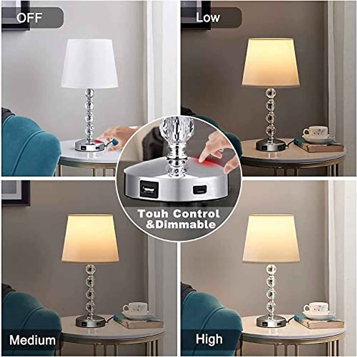 Crystal Lamp with USB Port - Touch Control Table Lamp for Bedroom 3 Way Dimmable Nightstand Bedside Lamp with White Fabric Shade, 17” Small Lamps for Living Room, Dorm, Home,Office(LED Bulb Included)