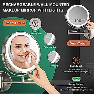 GREENFROM Rechargeable Wall Mounted Makeup Mirror Brushed Nickel, 8.5'' Magnifying Mirror with Lights Double-Sided 1X/10X 360° Rotation Extension Bathroom Shaving Mirror with Foldable Arm