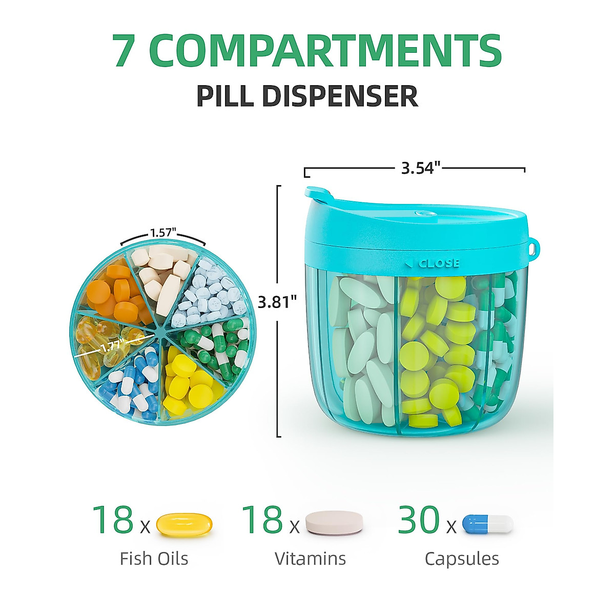 PULIV Portable Pill Dispenser Bottle, Vitamin Organizer with 7 Compartments, Holds Plenty of Supplements with Anti-Mixing & Wide Openings Design, Easy to Retrieve Meds, Includes 20 Pcs Labels Blue