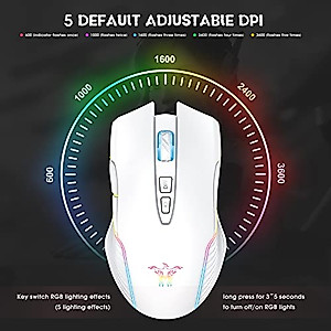 PHNIXGAM Rechargeable Wireless Gaming Mouse, Ergonomic RGB Computer Mouse with 2.4G Receiver, RGB Backlight, Adjustable DPI Up to 3600, 7 Buttons (Not Programmable) for Windows Vista Linux (White)
