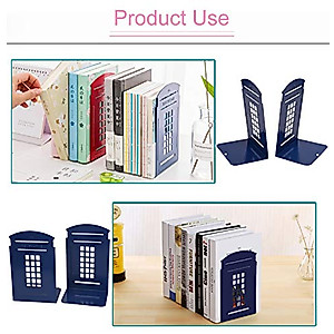 Bookends Blue, MerryNine 1 Pair Heavy Metal Non Skid Sturdy Telephone Booth Decorative Gift for Bookshelf Office School Library