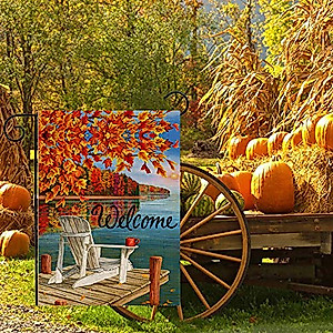 Selmad Home Decorative Fall Double Sided Garden Flag Welcome Quote, Thanksgiving Lake House Yard Flag, Autumn Maple Leaf Garden Yard Decorations, Rustic Holiday Seasonal Outdoor Flag 12 x 18 Vintage