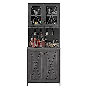YITAHOME Farmhouse Bar Cabinet for Liquor and Glasses, Dining Room Kitchen Cabinet with Wine Rack, Upper Glass Cabinet, Open Storage Shelves for Living Room, Hallway, Charcoal Grey