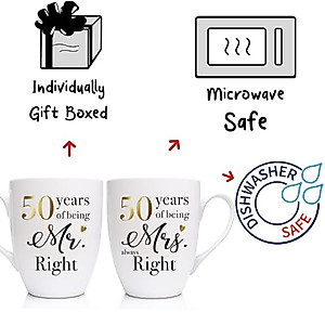 Dnuiyses 2 Pieces 50th Mr Right & Mrs Always Right Mug, 50 Years of Being Mr Mrs Always Right Present with Gold Foil Design Anniversary Wedding Gifts for Friends Parents Grandparents Couple-115