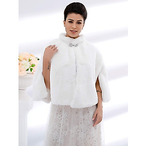 Aukmla Faux Fur Wrap Bridal Wrap Stole Wedding Fur Shrug Faux Fur Cape with Stunning Rhinestones Brooch (White)