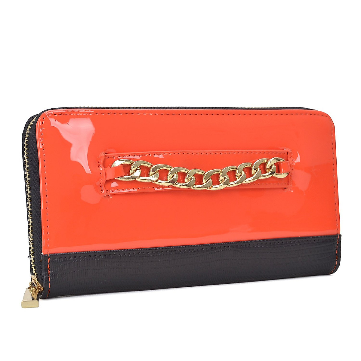 Dasein Gold Tone Chain Vegan Leather Zip Around Wallet Credit Card Purse - 12 Card Slots (8005 Orange)