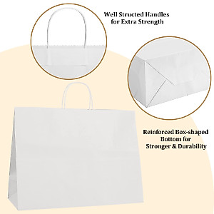 Poever 16x6x12 Kraft Paper Bags with Handles 25 PCS Bulk, Large Shopping Bags White Gift Bags Tote Bags Recyclable for Small Business Retail Grocery Merchandise