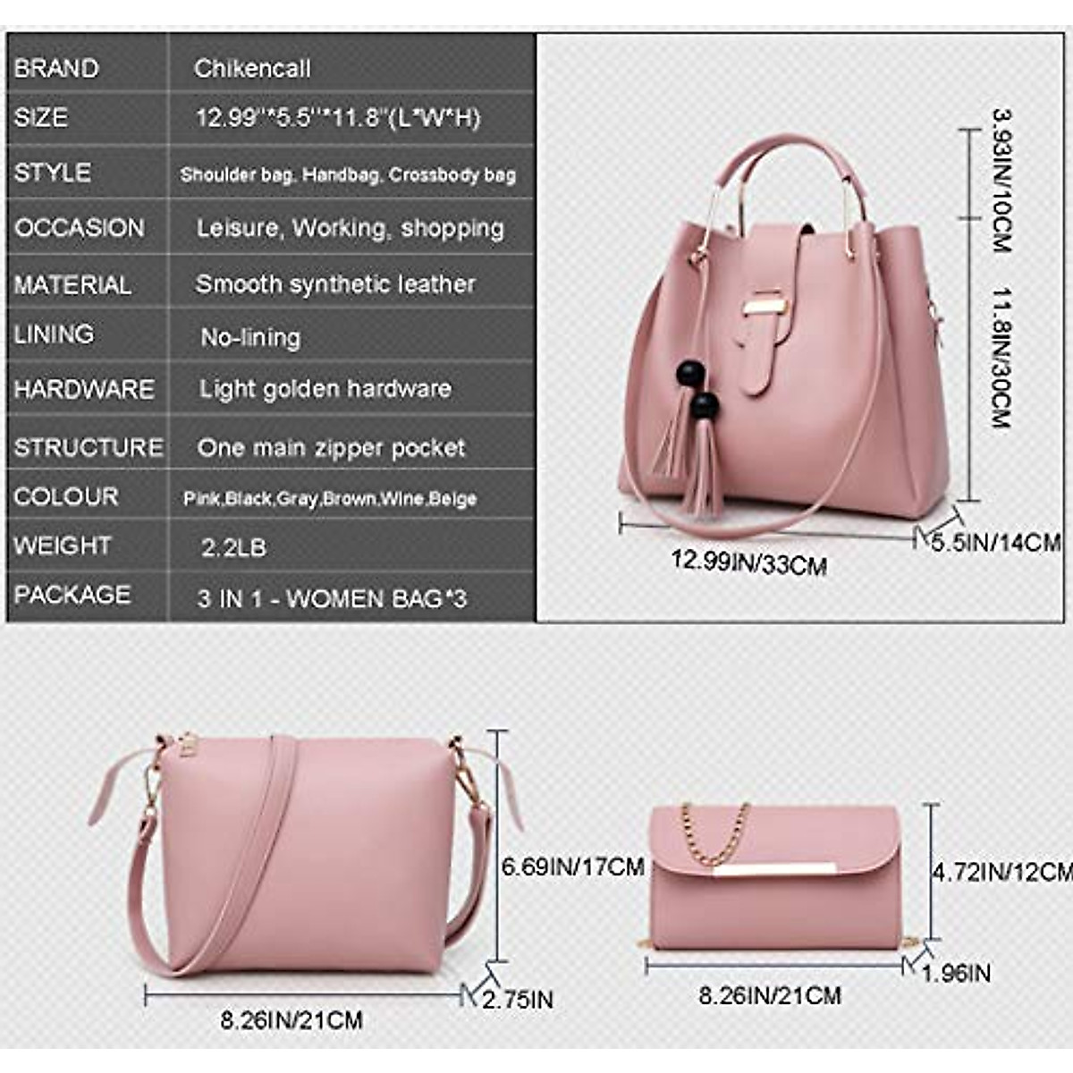 Chikencall Women 3Pcs Set Bucket Bags PU Leather Top Handle Bags Chain Shoulder Bag Satchels Working Shoper Handbag Purses Pink