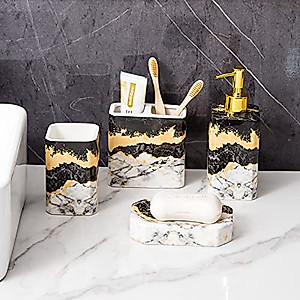 4 Piece Bathroom Accessories Set - Black and White Bathroom Accessories Set Includes Lotion Dispenser, Toothbrush Holder Tumbler, and Soap Dish - Glossy Finish (Marble, Black, and White)