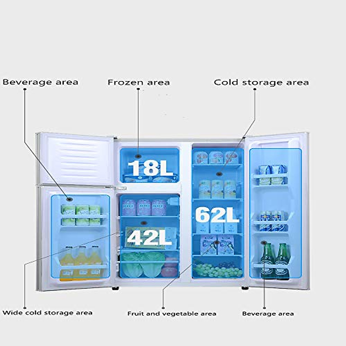 JLFTF Double Door Mini Fridge with Freezer Portable Fridge & Warmer, Mini Refrigerator Dorm, Office, Apartment with Adjustable Removable Glass Shelves