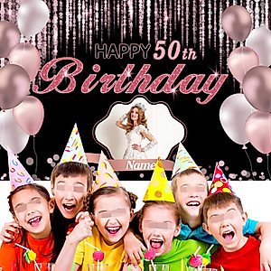 Custom Rose gold and Black Theme 50th Birthday Decorations Banner - Personalized Fabric Banner for 50th Birthday Party Supplies