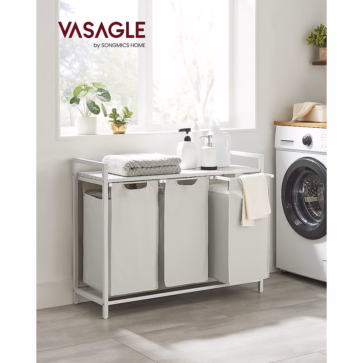 VASAGLE Laundry Hamper, Laundry Basket, Laundry Sorter with 3 Pull-Out and Removable Bags, Shelf, Metal Frame, 3 x 10 Gallons (38L), 36.4 x 13 x 28.4 Inches, White UBLH301W01