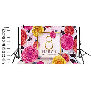 Leowefowa 10x8ft March 8th Happy Women's Day Backdrops for Photography Blooming Flowers Pink Backgrouds Vinyl Mother's Day Photo Backdrop Festival Party Banner Portraits Props