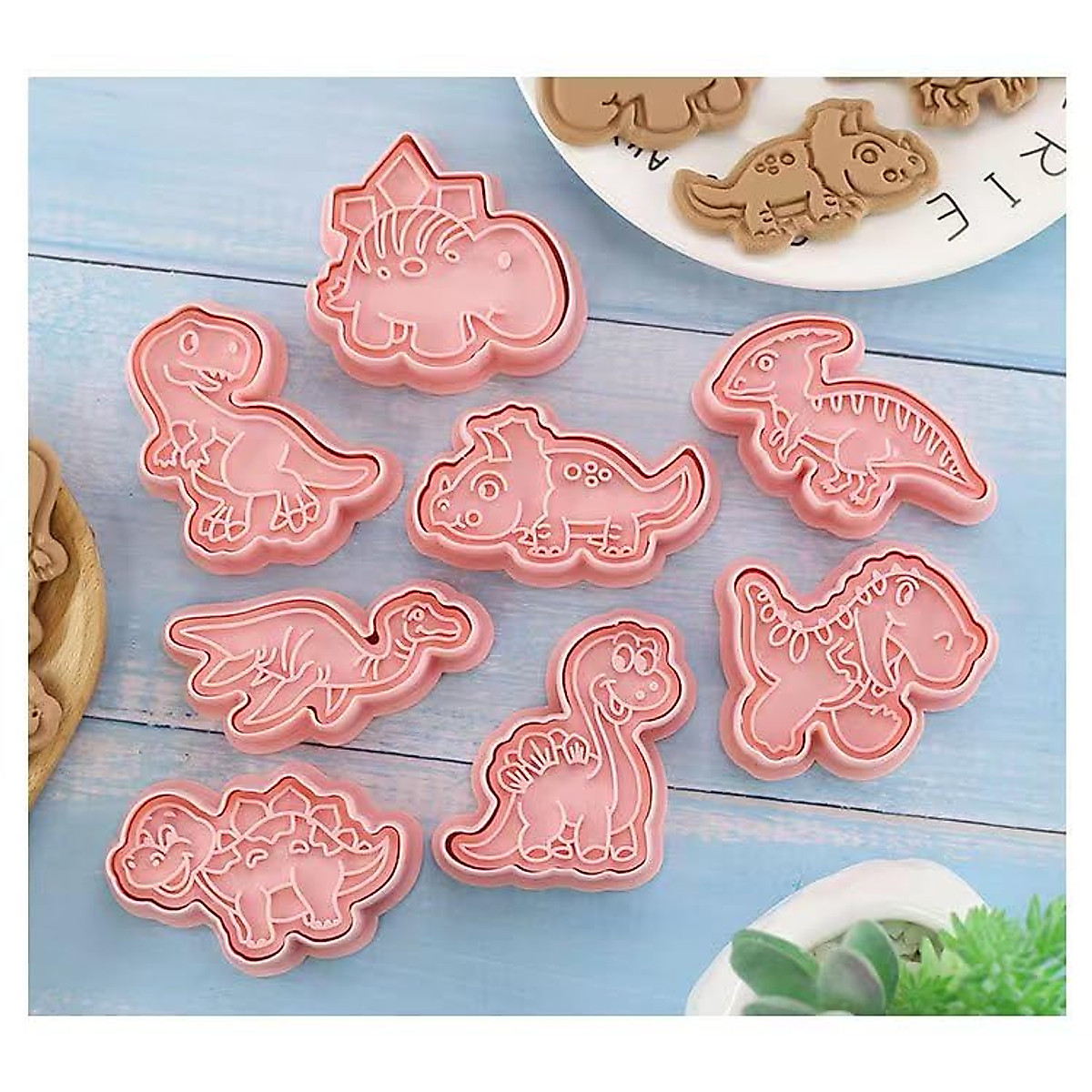 8 Pieces Dinosaur Cookie Cutters Set, Cute Cartoon Cookie Cutters for Kids, Plastic Stamped Embossed Dino Biscuit Molds Set, Kitchen BakingTools for Baby Shower, Birthday, Halloween, Christmas, Pink