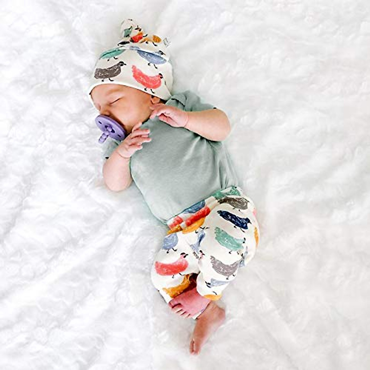 Shan-S Newborn Infant Baby Boys Girls Romper Bodysuit T-Shirt Top+Cartoon Chicken Printed Pants Hat 3PCS Outfits Set Green 3-6 Months