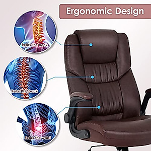 Ergonomic Office Chair PU Leather Desk Chair High Back Computer Chair with Lumbar Support Flip up Armrest Rolling Swivel Adjustable Task Chair for Adults(Brown)