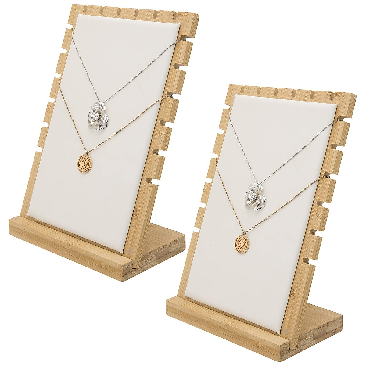 MyGift 2-Pack Bamboo Jewelry Display Stands with PU Panel & Multi-Rung Design – Detachable Bases, Non-Scratch Surface | Portable Necklace Holder for Home, Boutique, Countertop