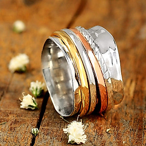 Boho-Magic Spinner Ring for Women 925 Sterling Silver with Copper Brass and Silver Fidget Rings (9)