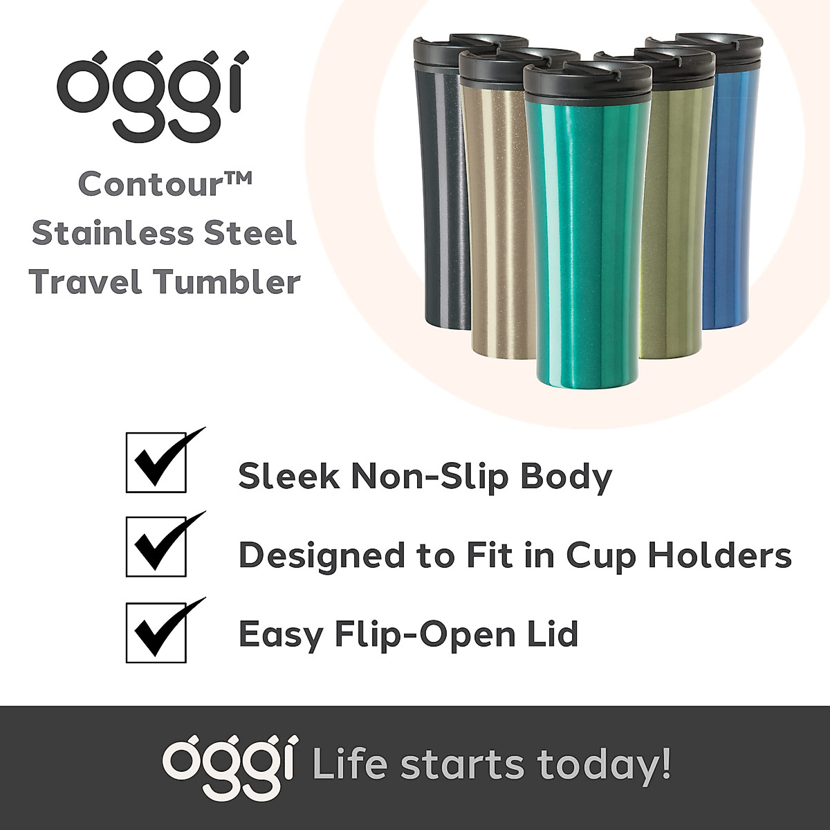 Oggi CONTOUR Stainless Steel Travel Tumbler - Black, 16 oz, with flip open lid for hot and cold beverages.
