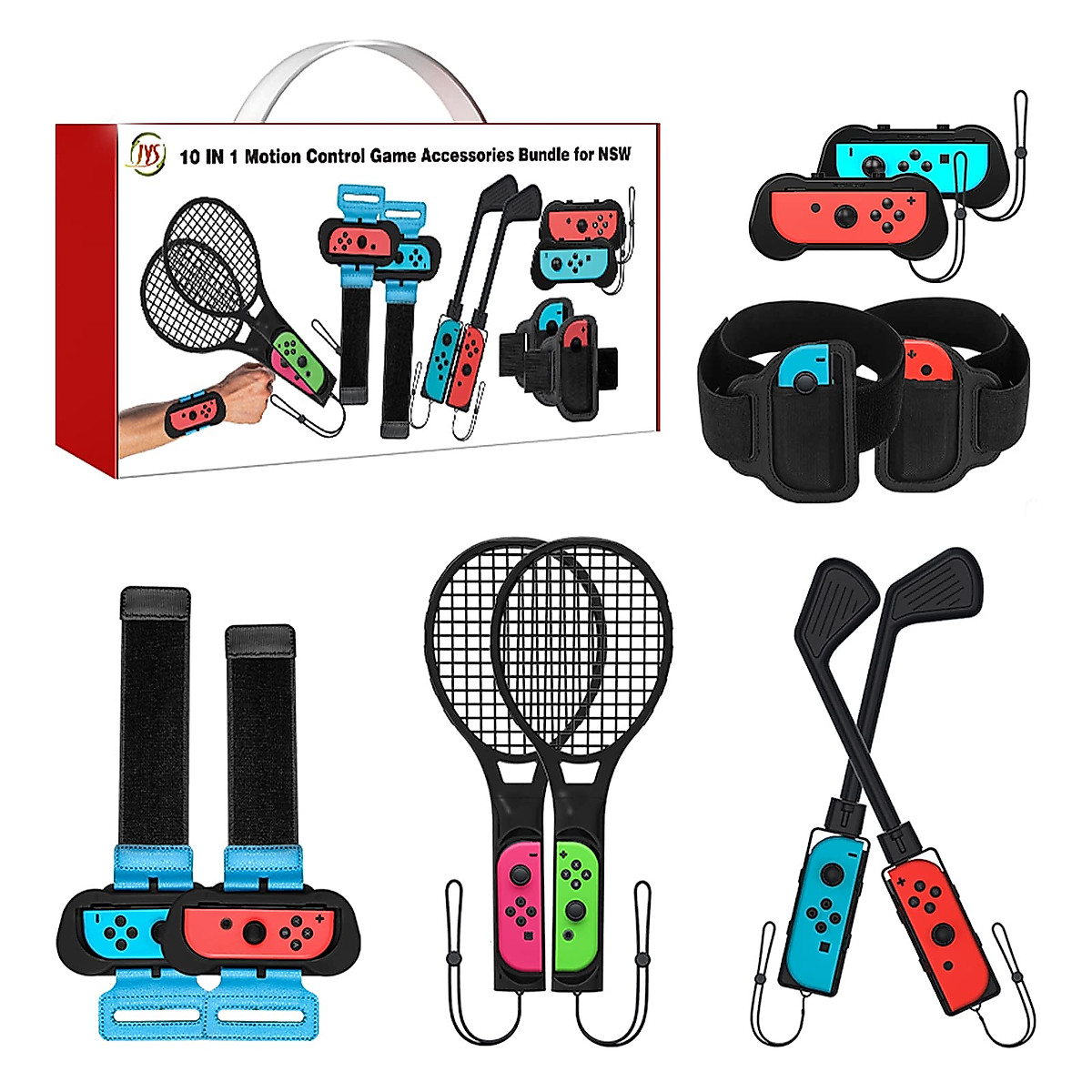Nargos 2023 Switch Sports Accessories Bundle 10 in 1 Kit for Switch & Switch OLED: Joy Con Grips for Instant Sports, Mario Golf Super Rush, Mario Tennis Ace, and Just Dance, Gift for Kids