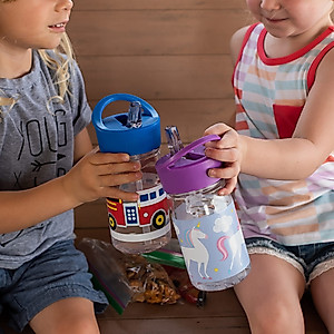 Wildkin Kids 16 oz Reusable Water Bottle for Boys and Girls, Features Straw Top and Carrying Handle, Ideal Size for School or Travel, Easy to Clean - Trains, Planes & Trucks