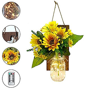 Mason Jar Sconces, Farmhouse Home Decor, Rustic Wall Sconces, LED Fairy Lights, Sunflower, Interior Decoration Warm Toned Lighting. (2 Pack)(with Remote Control)