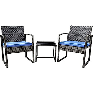 Pyramid Home Decor Black Wicker Furniture - 3 Piece Bistro Set for Outdoor Conversation - 2 Cushioned Rattan Chairs with Glass Coffee Table for Patio, Lawn, Porch, Lounge, Deck, Balcony & Living Room