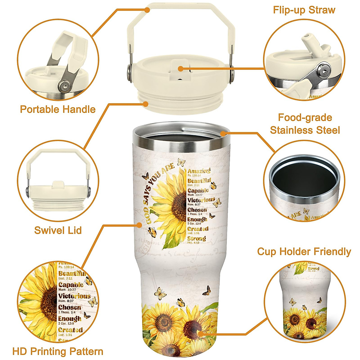 soeufnwhf Christian Gifts for Women, Inspirational Religious Gifts, Sunflower 30 oz Christian Tumbler with Handle Stainless Steel Insulated Bible Faith Cups Mugs Water Bottle