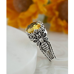 Filigranist 925 Sterling Silver Filigree Art Queen Bee Detailed Gemstone Women Cocktail Ring, Luxurious Gift Boxed (Citrine, 6)