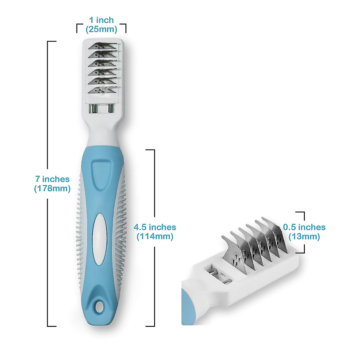 Pets First Professional Pet Mat Remover - Dematting Tool for Grooming Cats & Dogs - Removes Matted Fur, Tangles, Knots, Loose Hair & Dirt - Stainless Steel, Gentle Teeth, Soft Comfort Grip Handle,Blue