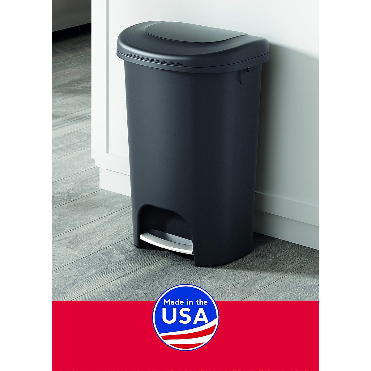 Rubbermaid Classic 13 Gallon Premium Step-On Trash Can with Lid and Stainless-Steel Pedal, Black Waste Bin for Kitchen
