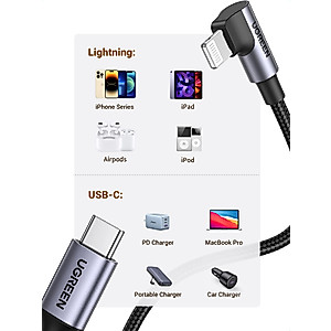 UGREEN MFi Certification Lightning Cable - 90 Degree USB C to Lightning Cable 6FT Compatible with iPhone 14/14 Pro/14 Pro Max, iPhone 13/12/11/X/XR/XS/8 Series, iPad, AirPods Pro