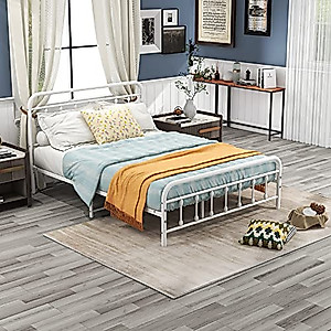 Diolong Queen Bed Frame with Headboard and Footboard Metal Bed Frame Vintage Sturdy Mattress Foundation No Box Spring Needed (White, Queen)