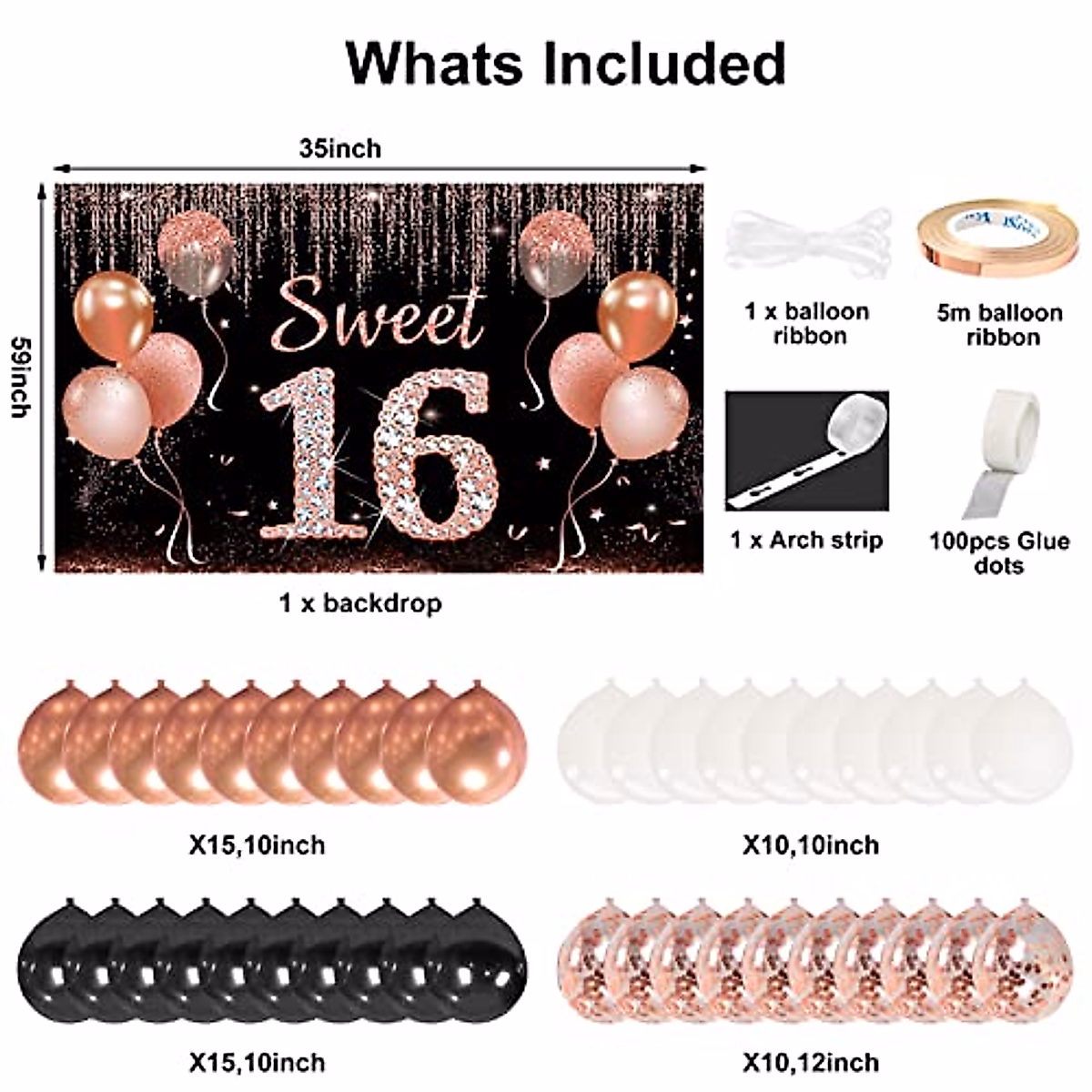 Sweet 16th Birthday Banner Decorations with Confetti Balloon Arch Garland, Rose Gold Happy 16 Birthday Backdrop Balloon Kit Party Supplies for Girls, Sixteen Year Old Bday Photo Booth Decor
