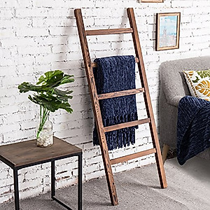 MyGift Rustic Brown Wood 4 ft Leaning Towel Ladder Rack for Bathroom Storage with 5 Hanging Rungs, Farmhouse Style Blanket and Quilt Display Ladder