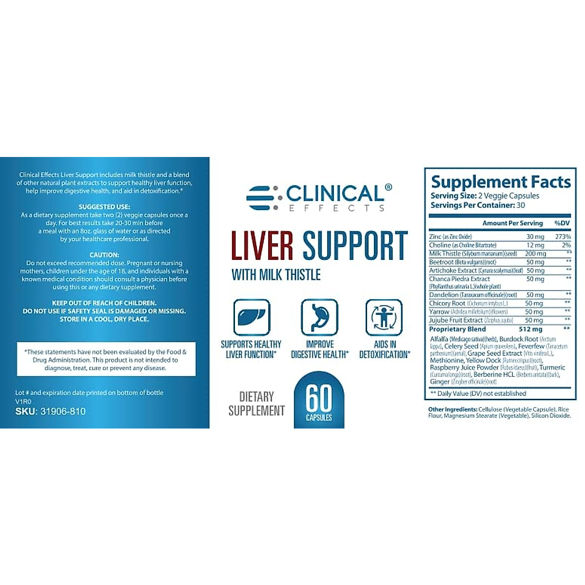 Clinical Effects: Liver Support - Natural Milk Thistle and Zinc Supplement - 60 Veggie Capsules - Helps Detox and Cleanse The Liver - Supports Liver Function and Digestive Health - Made in The USA