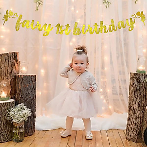 Fairy 1st Birthday Party Decorations,Golden glittery Fairy Happy 1st Birthday Party Supplies,Fairy Party Garden Decoration for Fairy Theme Birthday Party, 1st Anniversary Party Decorations Supplies