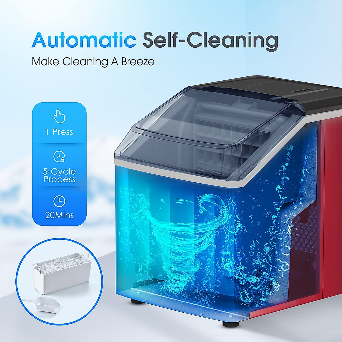 FREE VILLAGE Ice Maker Machine Countertop, 40Lbs/24H, Auto Self-Cleaning, 24pcs Ice Cube in 13 Mins, Portable Compact Ice Cube Maker, with Ice Scoop & Basket, Ideal for Home/Kitchen/Office/Bar, Red