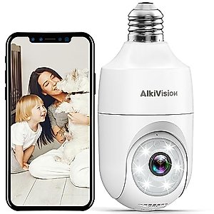 AlkiVision 2K Light Bulb Security Cameras Wireless Outdoor - 2.4G Hz 360° Motion Detection, for Home Security Outside Indoor, Full-Color Night Vision, Auto Tracking, Siren Alarm, 24/7 Recording