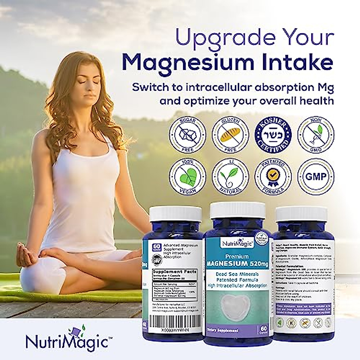 NutriMagic Elemental Magnesium 520mg Patented High Absorption, Natural Dead Sea Mineral Complex from Magnesium Oxide for Heart, Muscle, Bone, Brain Health Support, 1 Capsule Per Day, 60 Vegan Capsules
