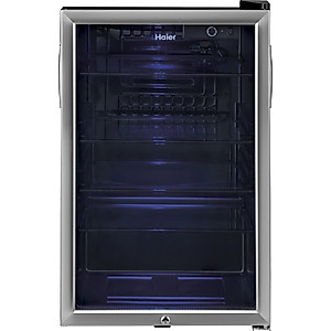Haier 150-Can Mini Fridge With Lock & Key, Glass Door, Automatic LED Interior Light, 4 Full-Width Glass Shelves & Adjustable Thermostat, Stainless Steel