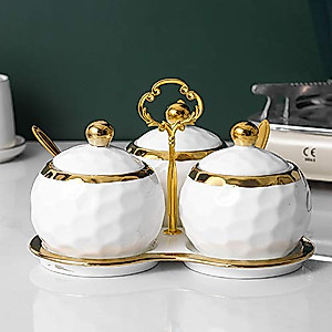 BIHOIB Golf Porcelain Sugar Bowl Condiment Pot Salt Container with Lid, Spoon and Tray, Set of 3, Modern Spice Box Seasoning Jar, White and Gold