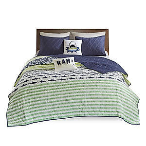 Urban Habitat Kids Reversible Cotton Quilt Set - Vibrant Fun, Playful Print, All Season Children Bedding Coverlet Bedspread, Decorative Pillow, Bedroom Décor, Twin/Twin XL, Shark Green/Navy 4 Piece