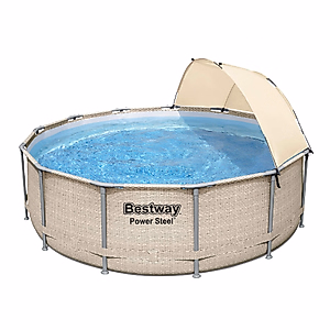 Bestway Power Steel 13' x 42" Round Above Ground Outdoor Swimming Pool Set with Shaded Canopy, 530 Gallon Filter Pump, Ladder, and Pool Cover
