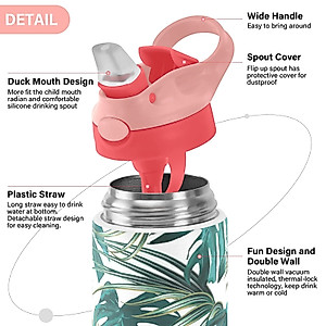 Tropical Palm Leaves Kids Water Bottle, Vacuum Insulated Stainless Steel, Double Walled Leakproof Tumbler Travel Cup for Girls Boys Toddlers, 12 oz